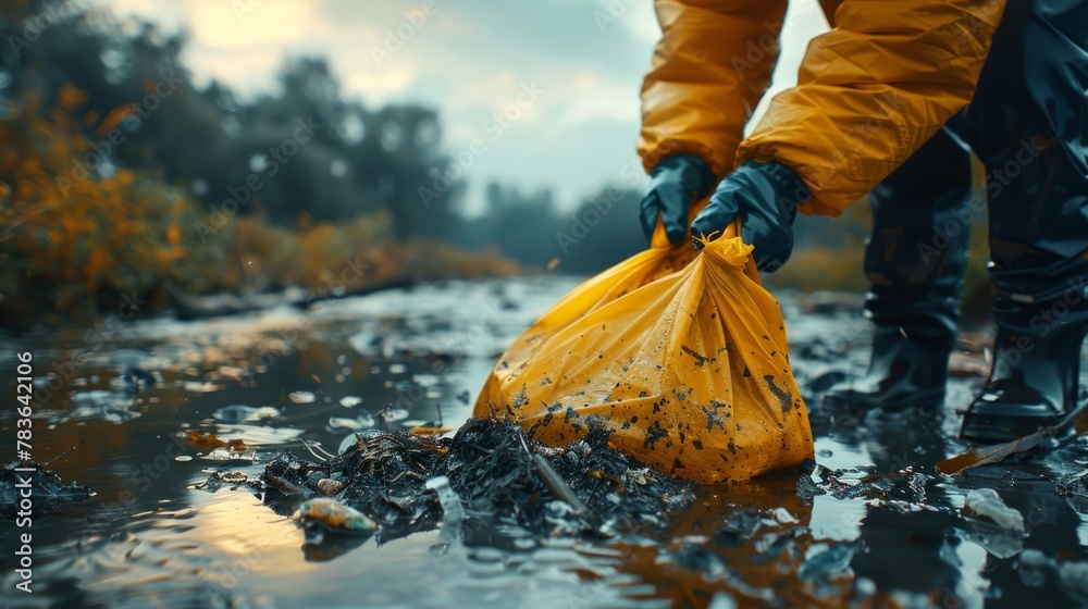 Focused individual in a yellow raincoat collects trash using a yellow ...