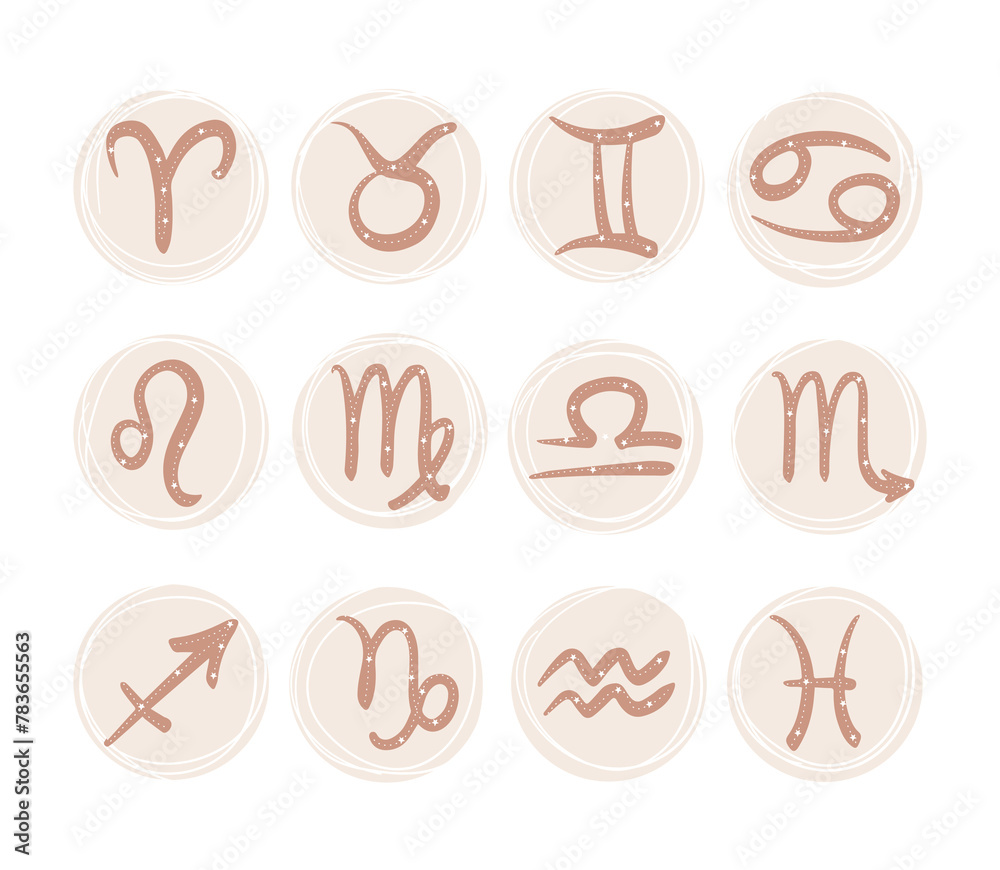 Graphic symbols of the zodiac signs with a design of stars and a thin ...