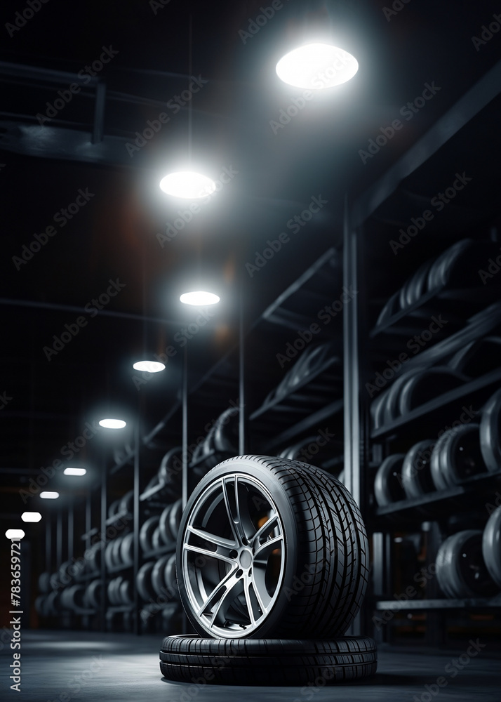 tire at repairing service garage background. replacing winter and ...