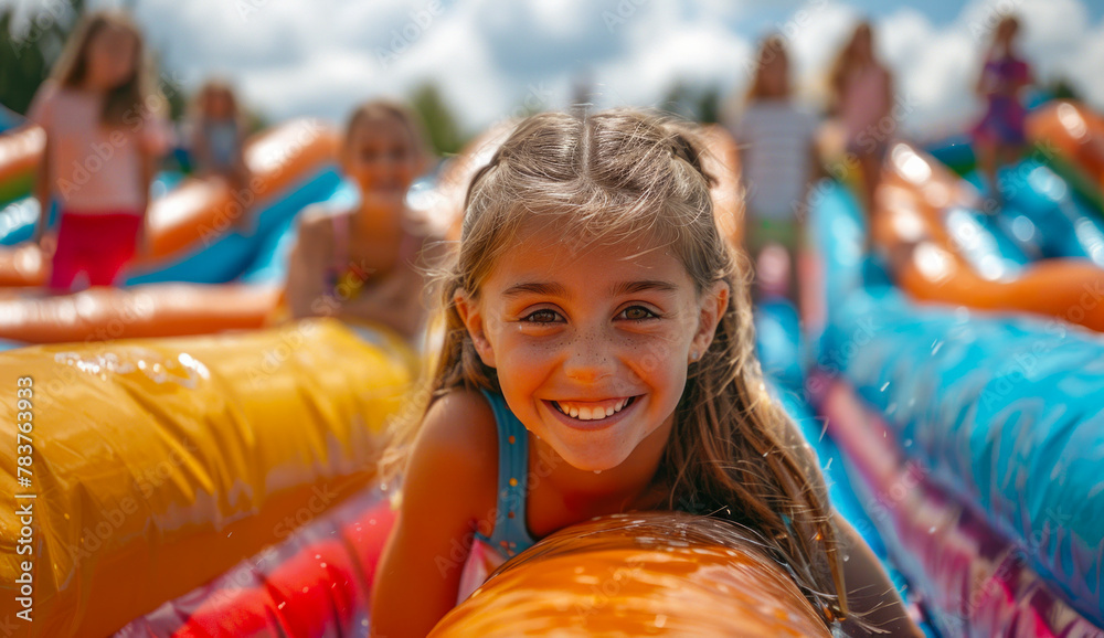 Happy little girl having lots of fun while jumping into inflatable pool ...