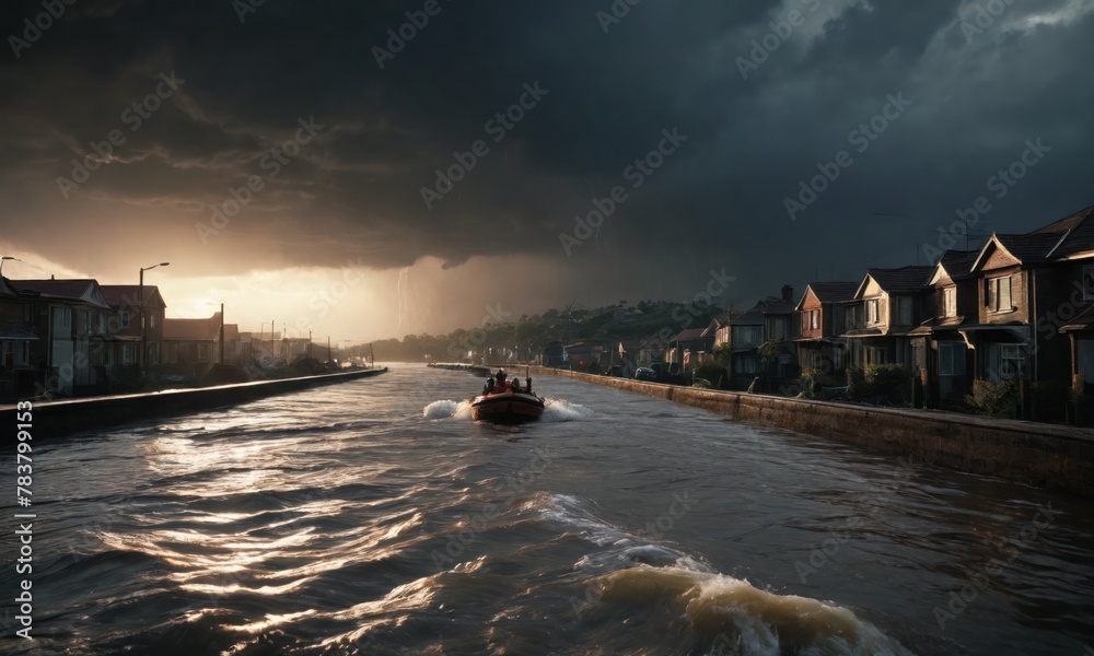 Flood disaster - dramatic environment landscaped image. Nature power ...