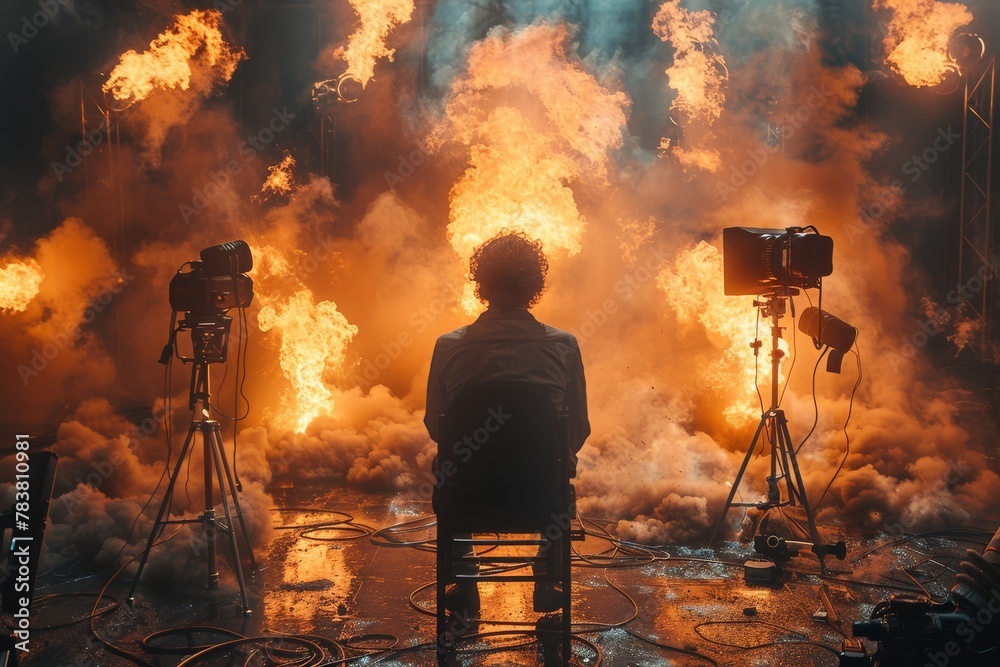 A seated person observes the chaotic fiery backdrop created by special ...