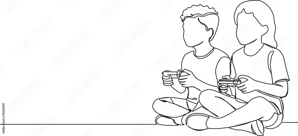 continuous single line drawing of two kids playing video games, line ...