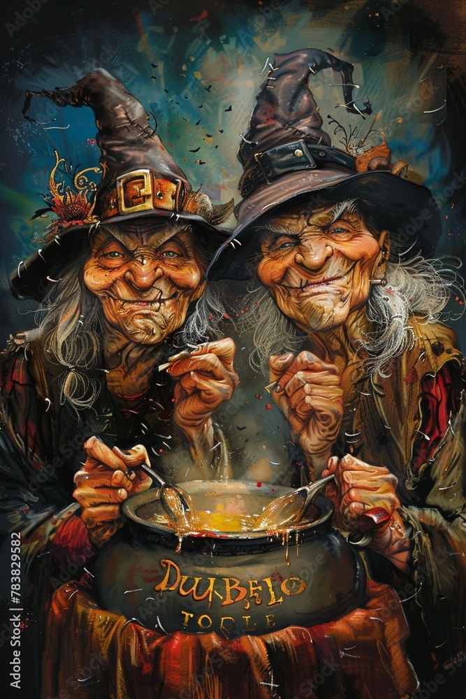 Caricature of Macbeth scene of 3 witches around cauldron with text ...