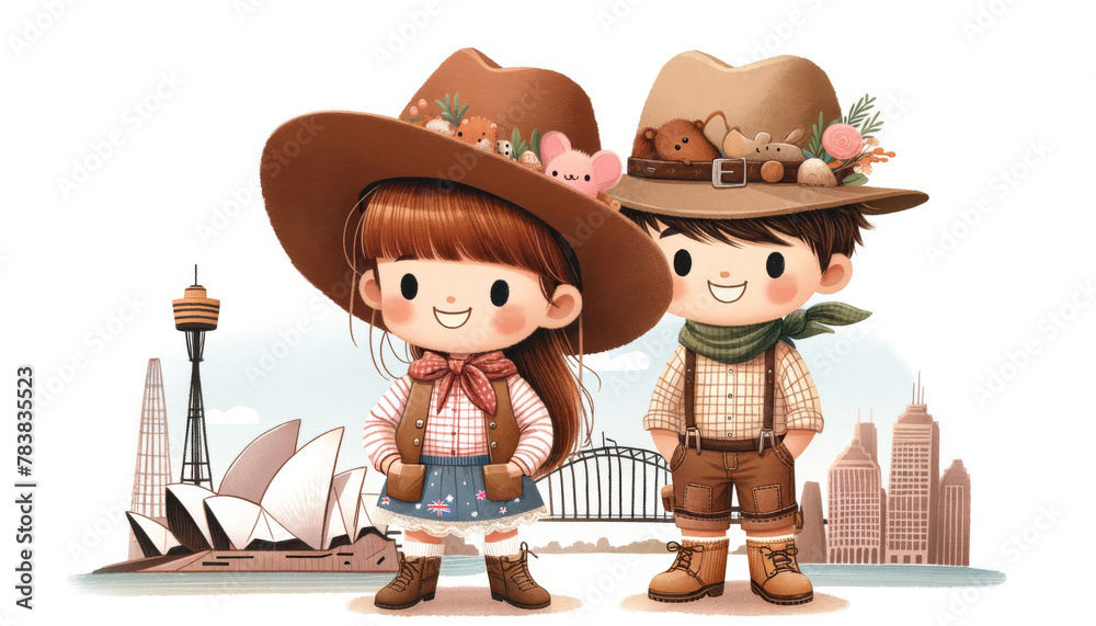Girl and boy in traditional Australian Outback, Adorable illustration ...