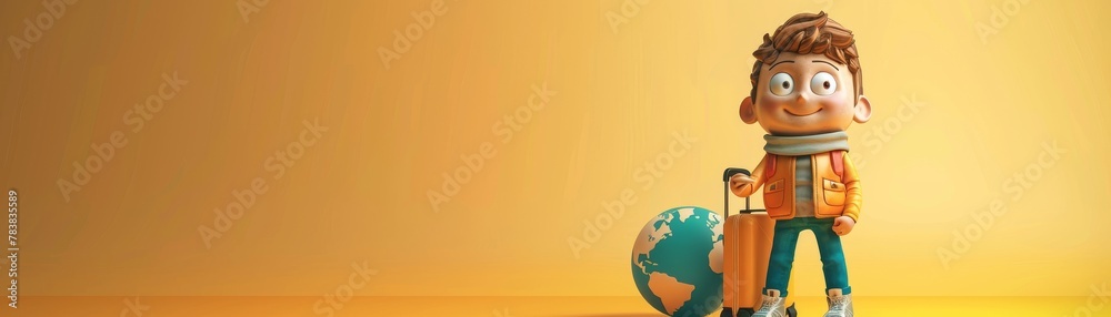 Cartoon character with a suitcase and globe, clear background ...