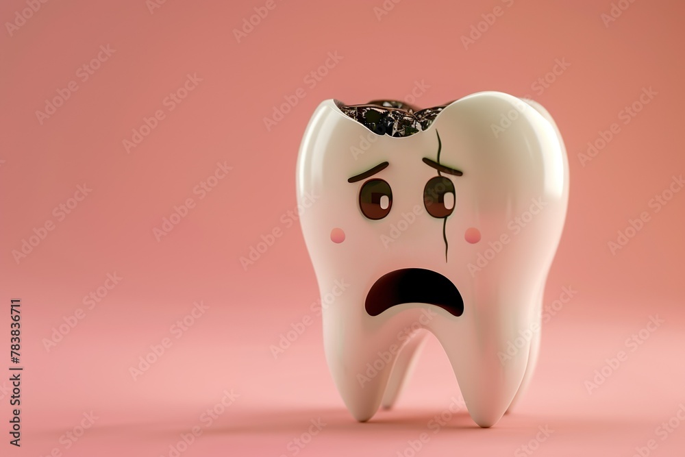 illustration of a sad tooth character with a cavity, against a pink ...