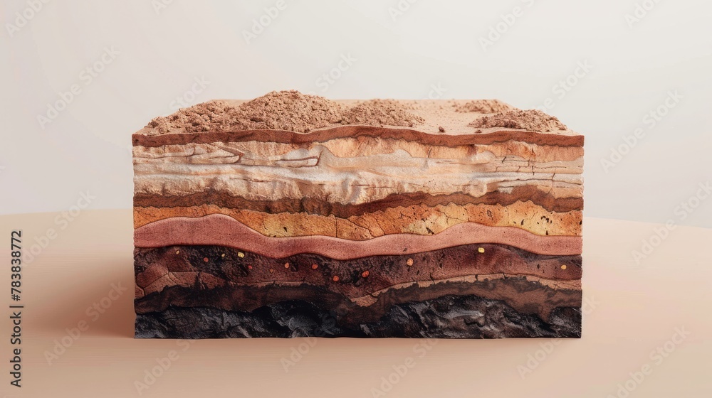 A detailed 3D illustration depicting the cross-section of soil layers ...