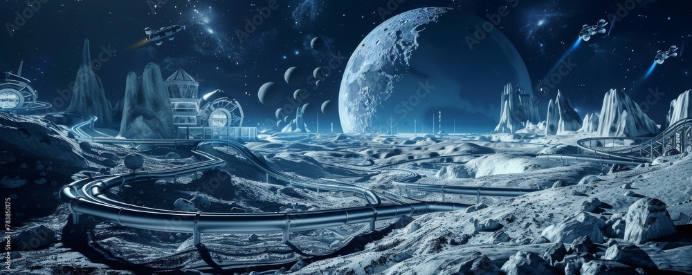 A space-themed amusement park on the moon, with roller coasters that loop around lunar craters ...