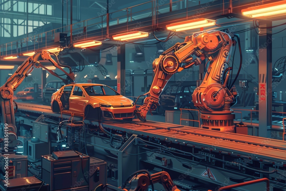 An automated car manufacturing plant, with robots assembling vehicles ...
