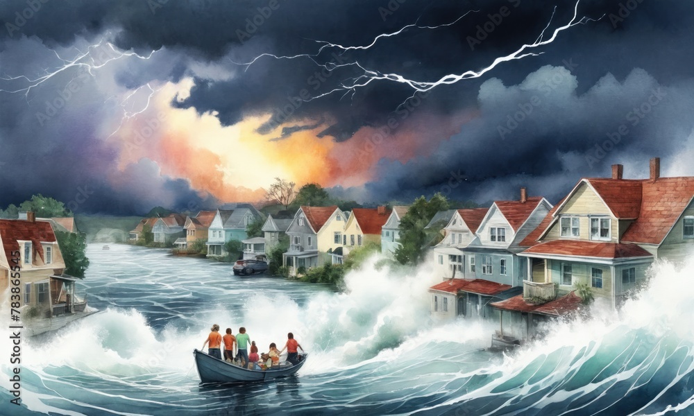 Watercolor illustration of a Urban flood scene with submerged cars and ...