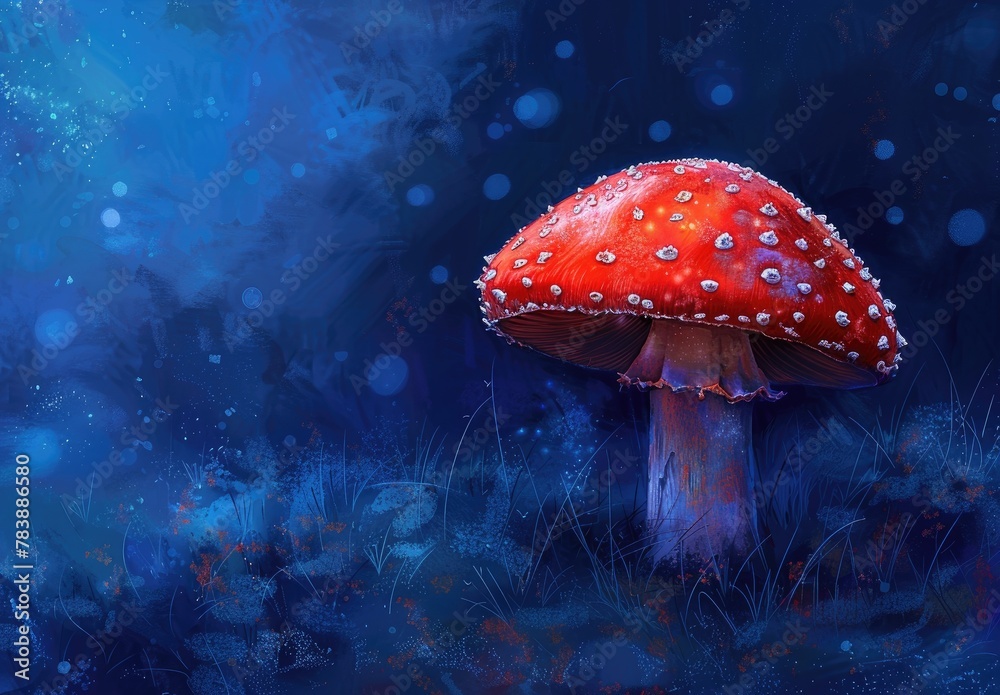 A single Amanita mushroom bathed in moonlight, standing amidst a ...