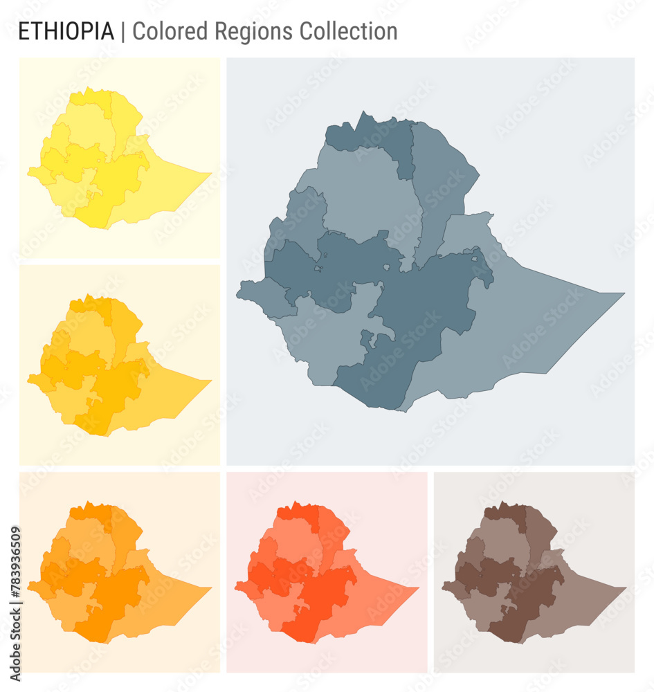 Ethiopia map collection. Country shape with colored regions. Blue, Grey ...