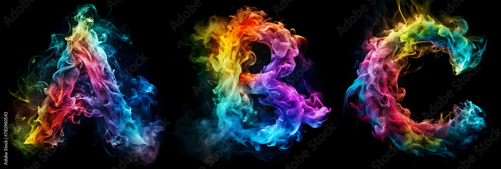 Letters A, B, C. Vibrant Smoke Alphabet on a Black Background - A ...