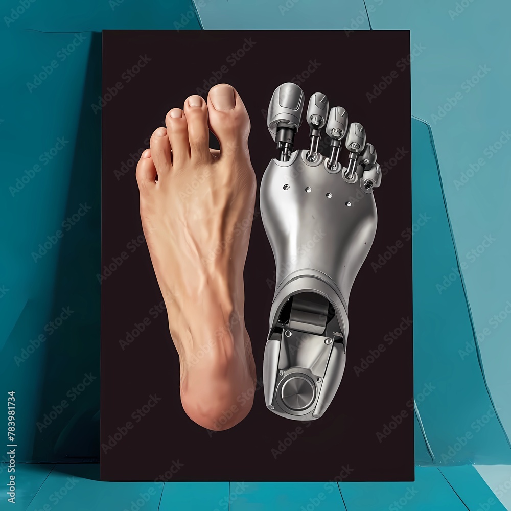 the contrast between a real human foot and a prosthetic foot. The real ...