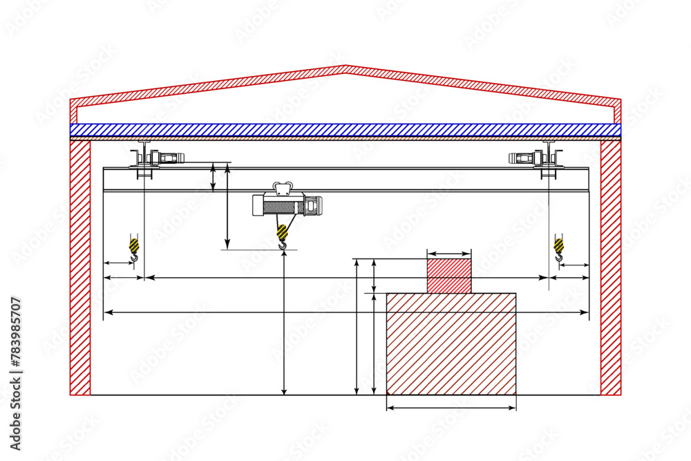 Overhead crane sketch with dimensions. Dimensional drawing. Stock ...
