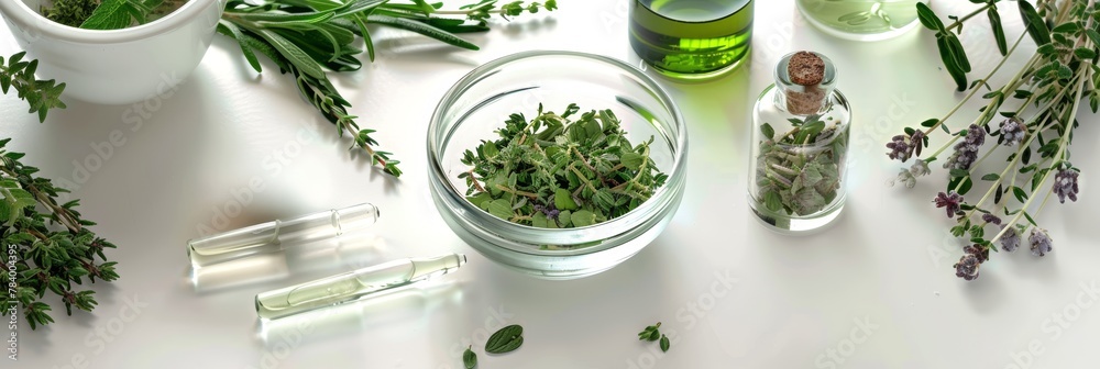 Fresh herbs and lab equipment on a white background. Herbal plants with ...