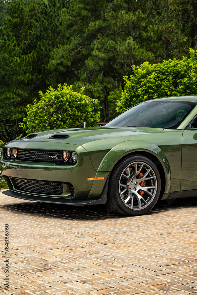Green Dodge Challenger Hellcat Widebody front end view - American ...