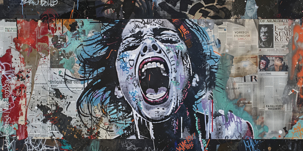 A visual narrative of graffiti, composed of fragments of old newspapers ...