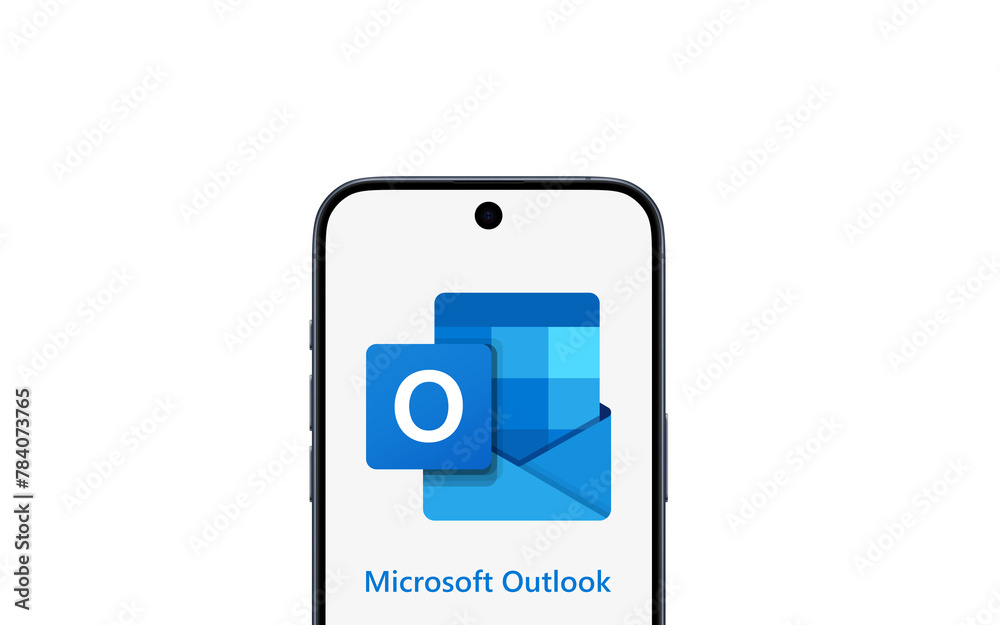 Microsoft Outlook Logo is displayed on a modern smartphone, white ...