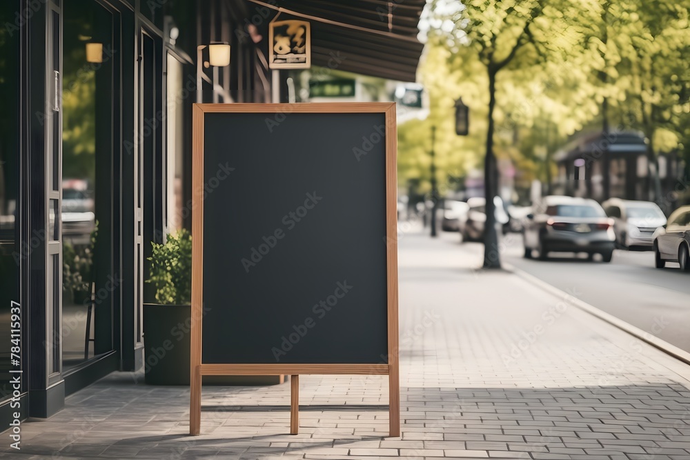 Blank blackboard restaurant shop sign or menu boards near the entrance ...