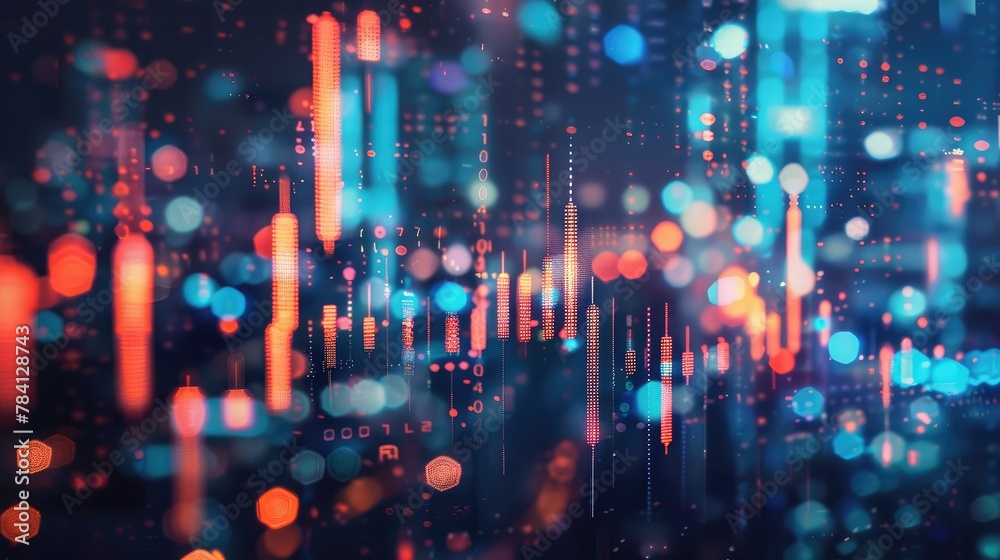 Blue falling downword forex chart on blurry bokeh night city texture ...