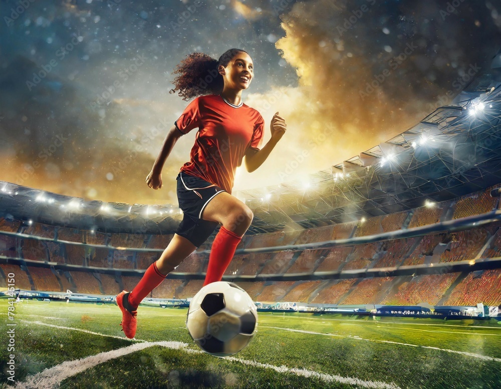 football or soccer player running fast and kicking a ball while ...
