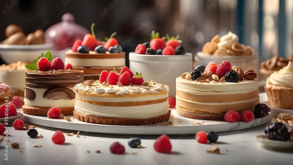 "Photorealistic Image, A tempting dessert spread featuring a variety of ...