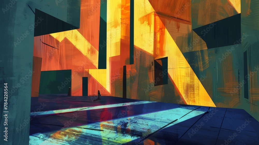 Artistic play of shadows and shapes, different sizes and hues building ...