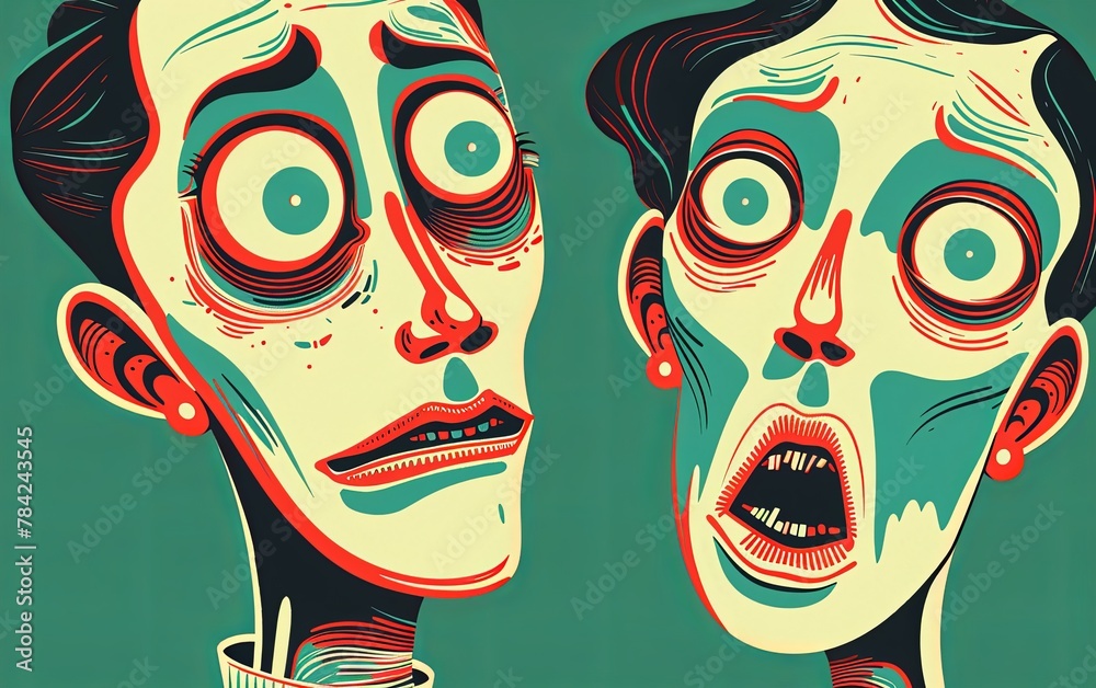 Illustration Stock Two male faces with big eyes and open mouths. The ...