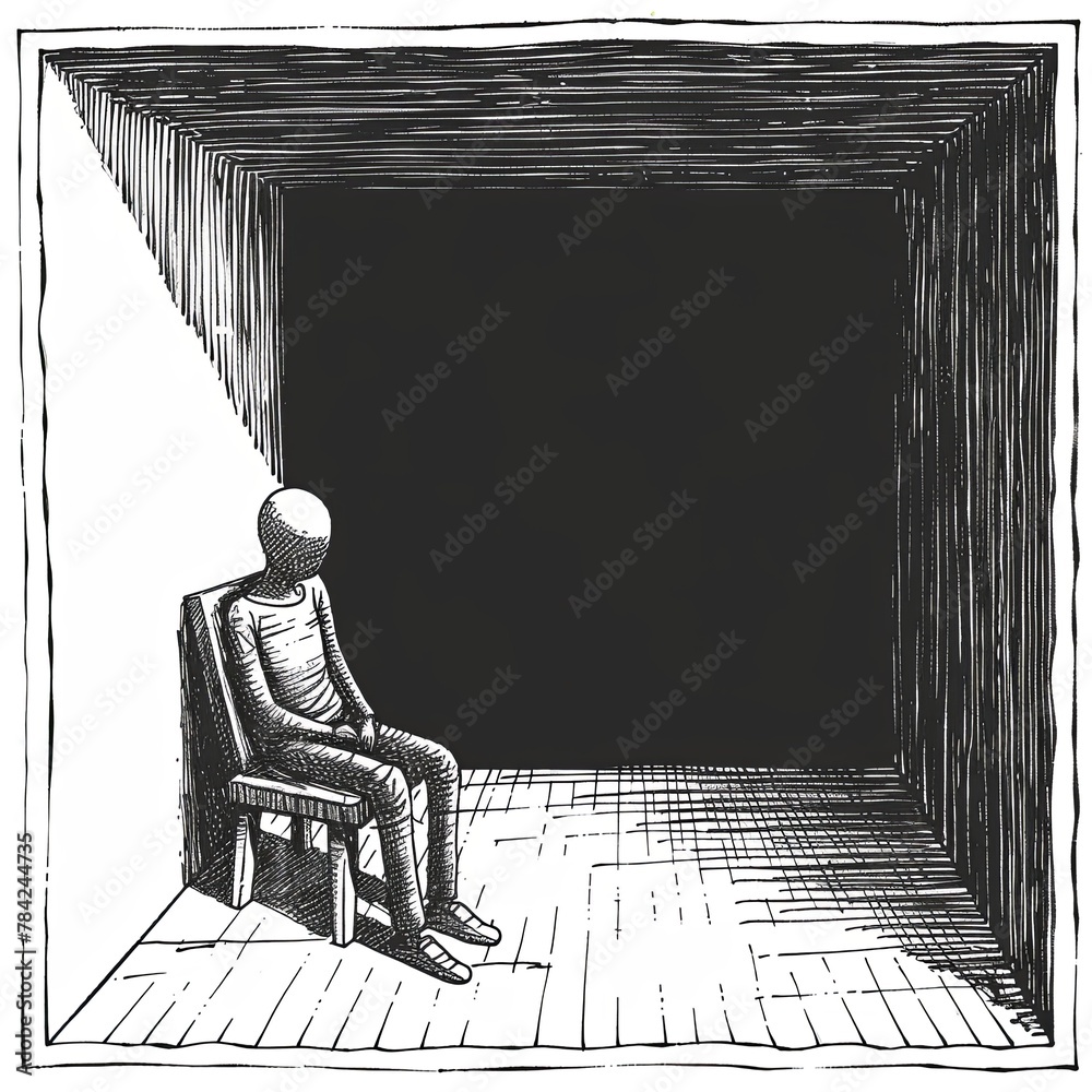 A man is sitting in a confined space looking down and feeling sad ...