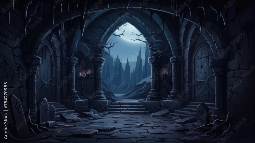 Medieval castle dungeon, moonlit, eerie castle interior with gothic ...