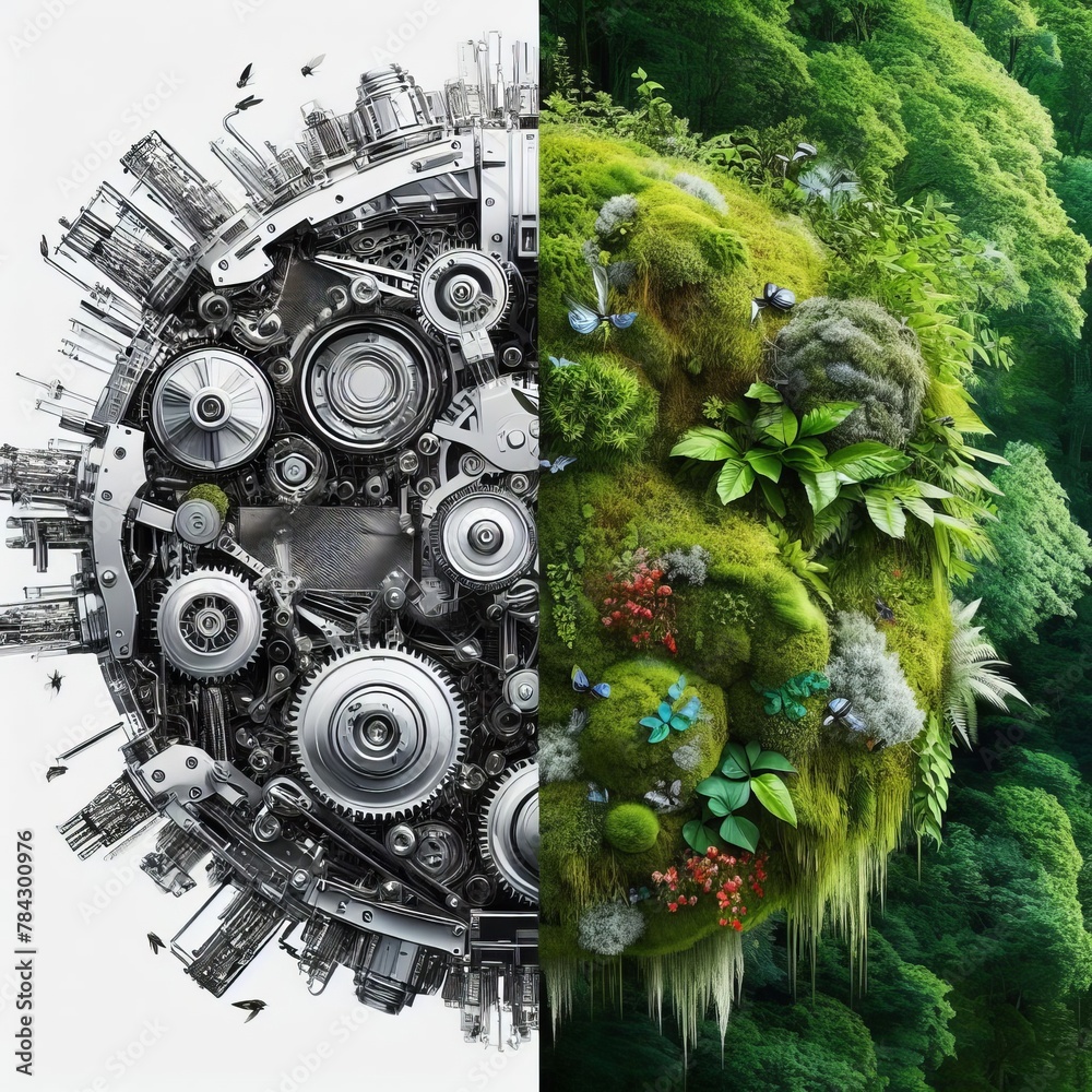 A powerful visual contrast between a lush green ecosystem and a complex ...