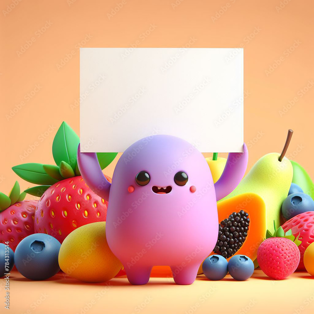 cute monster holding up a blank sign, colorful cartoon character, empty ...