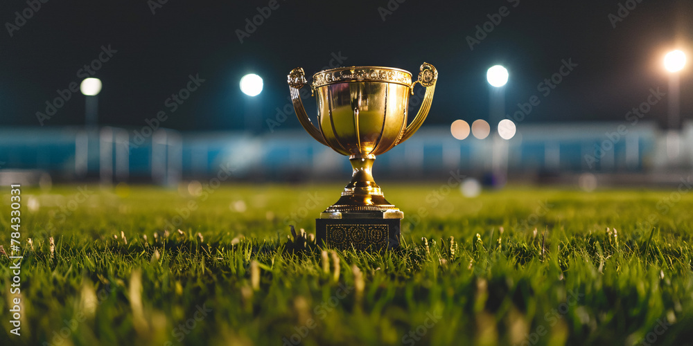 Soccer trophy proudly displayed on field with stadium backdrop Stock ...