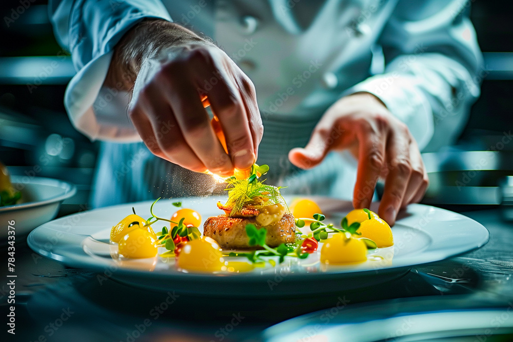 AI generated illustration of a chef gives the final touch to a special ...