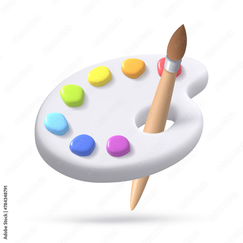 White palette with brash and colors, 3d icon. Creative tools for ...