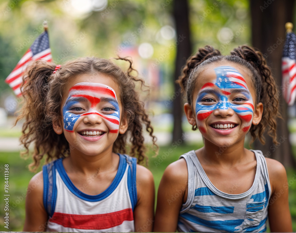 Young children smilling in happiness with faces painted in the colors ...