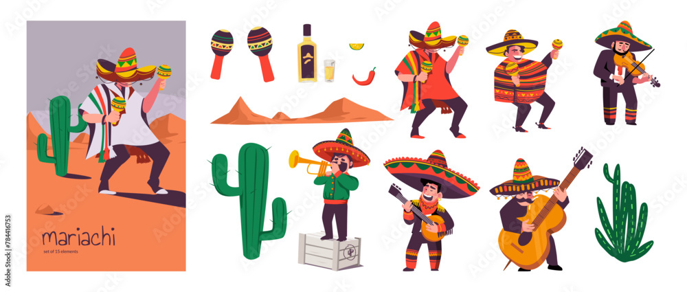 Mexican mariachi musicians with folk instruments. Composition and set ...