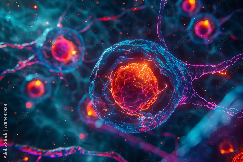 Abstract 3d illustration of human cells. Ultraviolet cell nuclei with ...