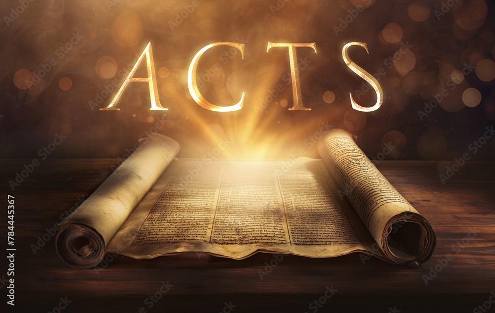 Glowing open scroll parchment revealing the book of the Bible. Book of ...