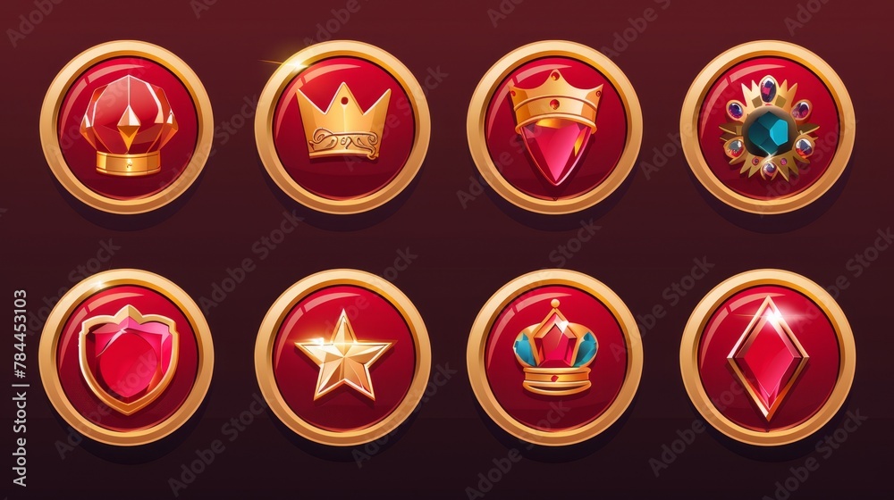 Game level rank progression badge with star, golden frame, gemstones ...