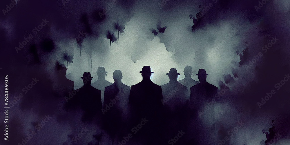 dark Watercolor painting of group of men in shadows, depicting ...