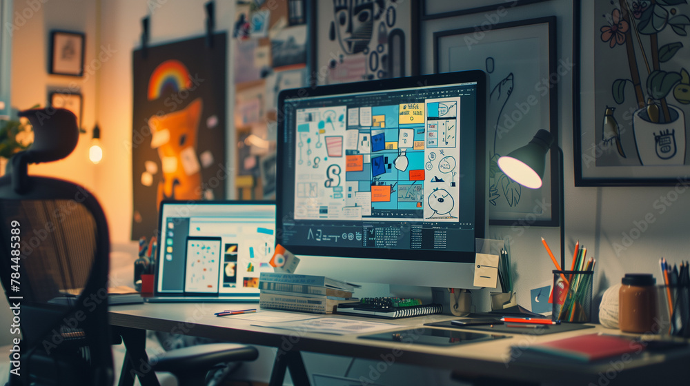 A detailed shot of a designer's workstation, with a computer monitor ...