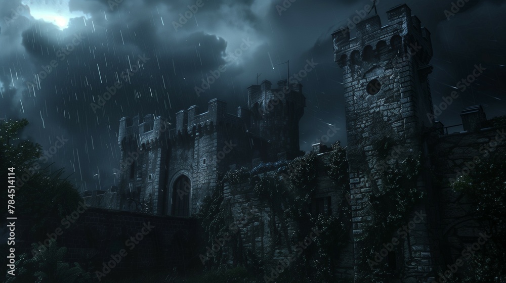 Fantasy scene of dark evil castle and palace courtyard with shining ...