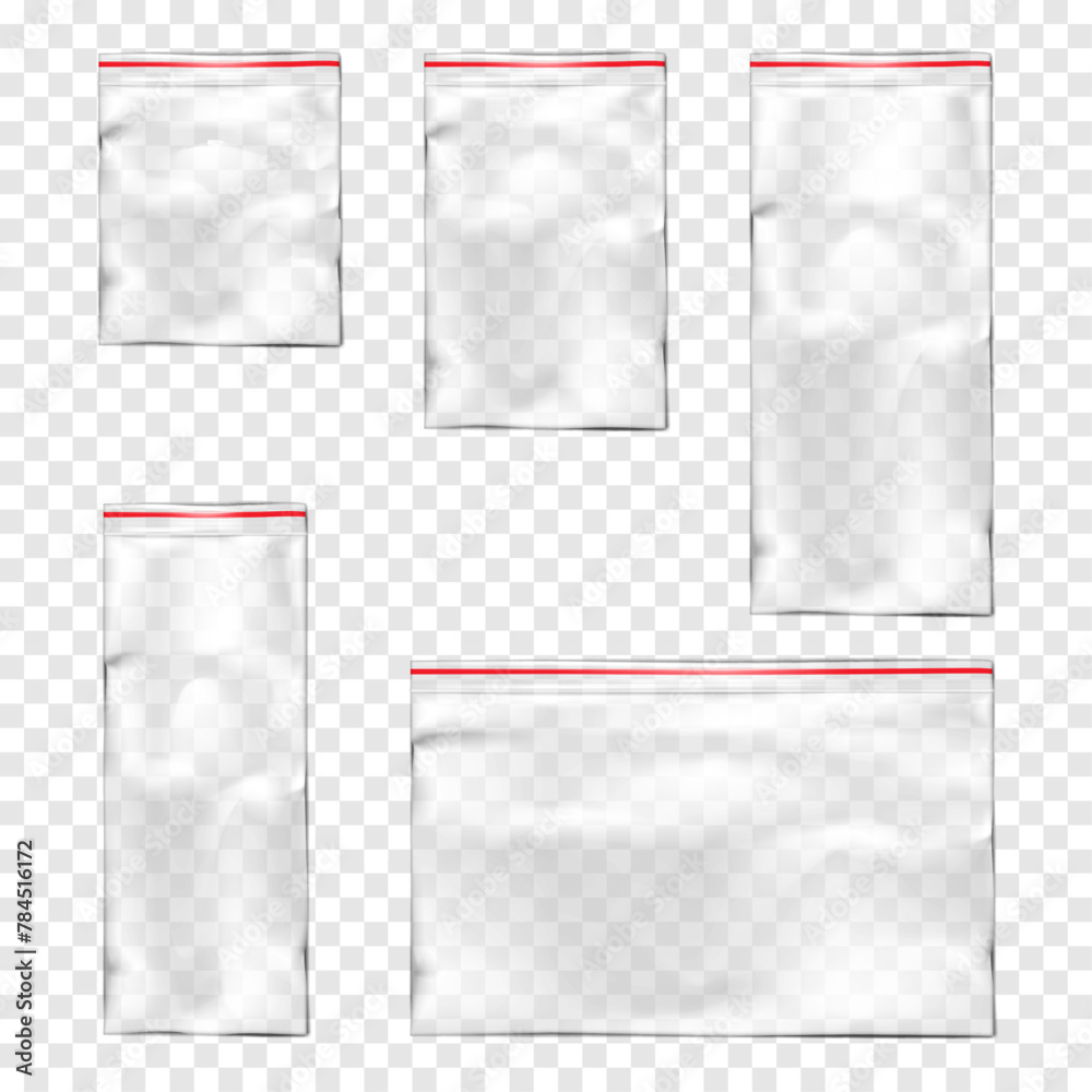 Vector de Stock Clear plastic pouch with zip lock. Vector mock-up set ...