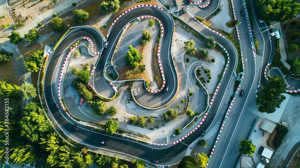 An aerial top view captures a race kart track, illustrating the track ...