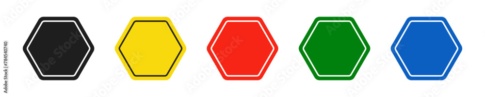 Set of hexagonal black, yellow, red, green and blue road signs. Vector ...