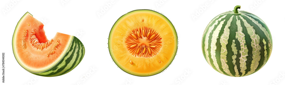 collection of organic natural full sliced yellow rock melon and green ...