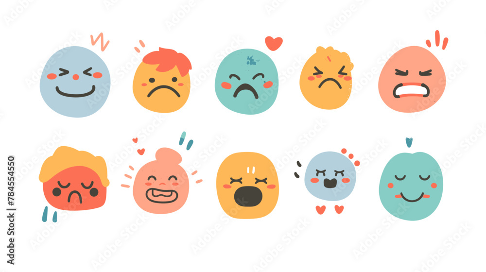Set of cute, funny, happy and sad face emoji symbols depicting various ...
